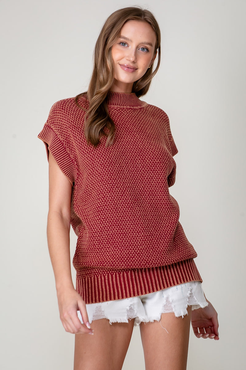 Dark Red Cap Sleeve Round Neck Mineral Wash Sweater – Studio 6 Apparel