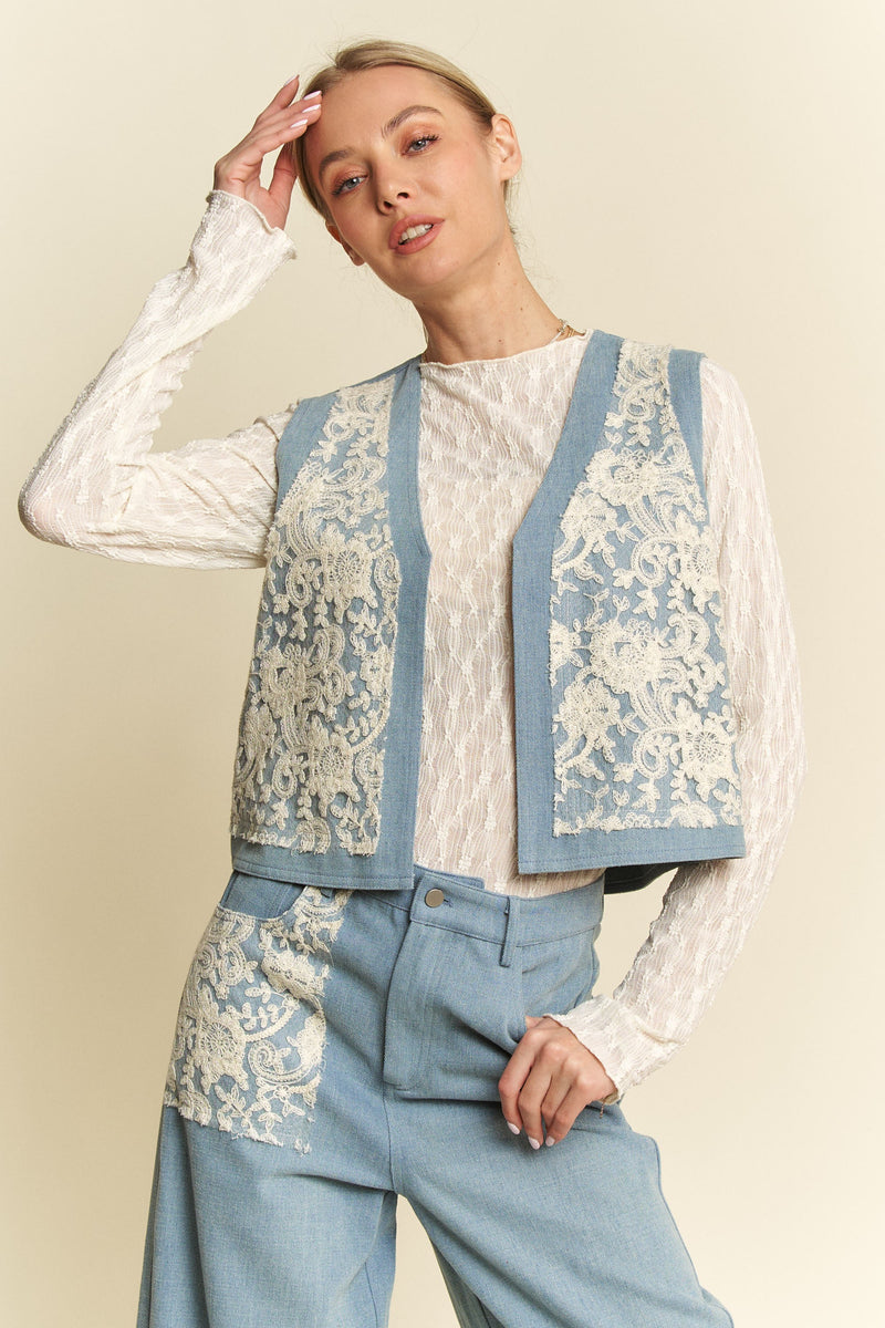 CASUAL TEXTURES LACE SLEEVELESS DENIM TOP VEST – Studio 6 Apparel